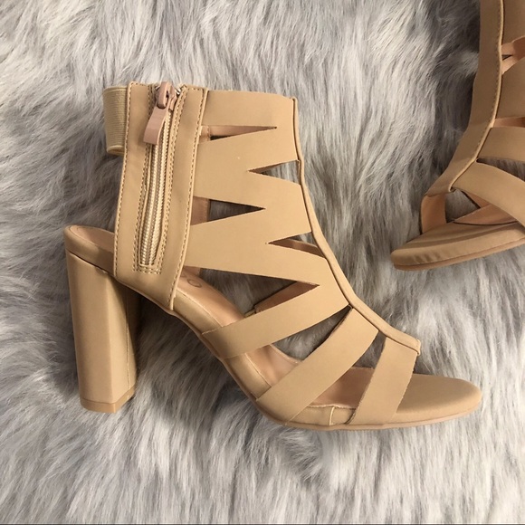 Shoes | Tan Open Toe With Cut Out Straps Block Heel | Poshmark